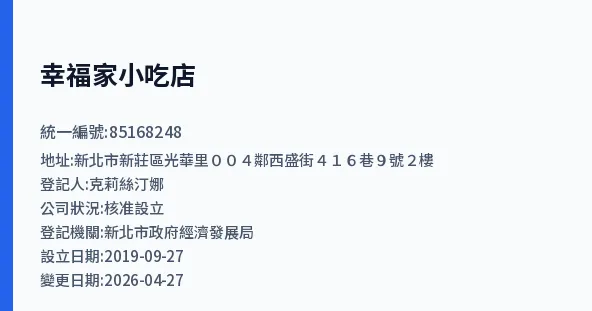幸福家小吃店的照片-統編 85168248(新北市) 公司登記資料與營業項目詳細圖表