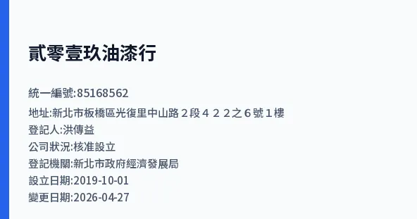 貳零壹玖油漆行的照片-統編 85168562(新北市) 公司登記資料與營業項目詳細圖表