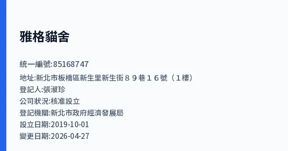 雅格貓舍的照片-統編 85168747(新北市) 公司登記資料與營業項目詳細圖表