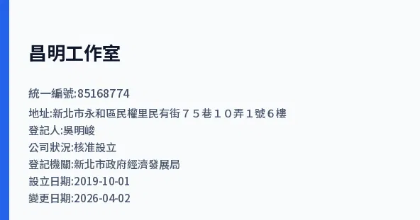 昌明工作室的照片-統編 85168774(新北市) 公司登記資料與營業項目詳細圖表