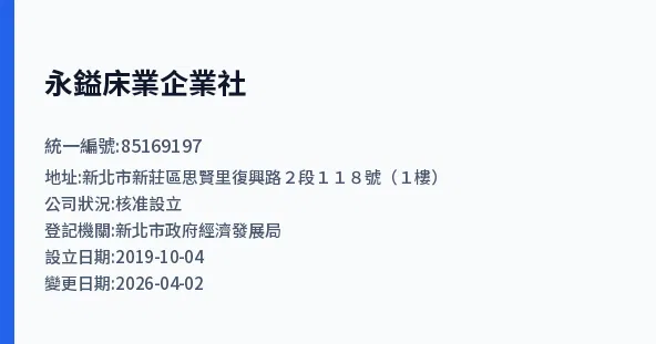 永鎰床業企業社的照片-統編 85169197(新北市) 公司登記資料與營業項目詳細圖表