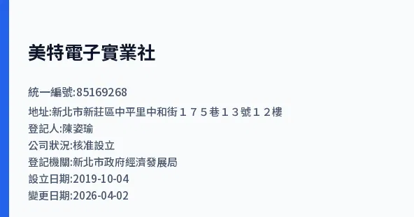 美特電子實業社的照片-統編 85169268(新北市) 公司登記資料與營業項目詳細圖表