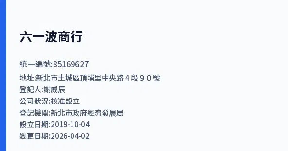 六一波商行的照片-統編 85169627(新北市) 公司登記資料與營業項目詳細圖表