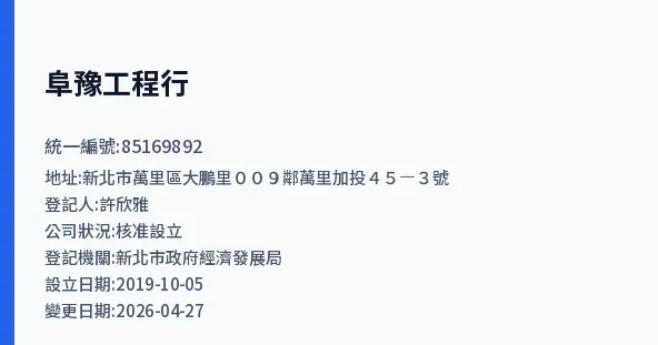 阜豫工程行的照片-統編 85169892(新北市) 公司登記資料與營業項目詳細圖表