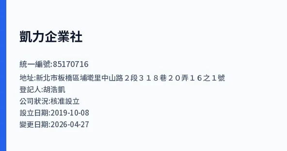 凱力企業社的照片-統編 85170716(新北市) 公司登記資料與營業項目詳細圖表