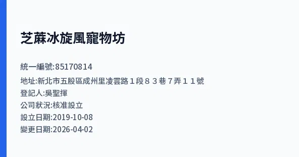 芝蔴冰旋風寵物坊的照片-統編 85170814(新北市) 公司登記資料與營業項目詳細圖表