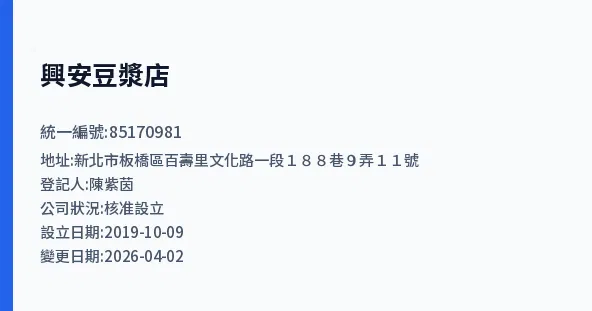 興安豆漿店的照片-統編 85170981(新北市) 公司登記資料與營業項目詳細圖表