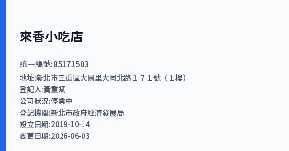 來香小吃店的照片-統編 85171503(新北市) 公司登記資料與營業項目詳細圖表