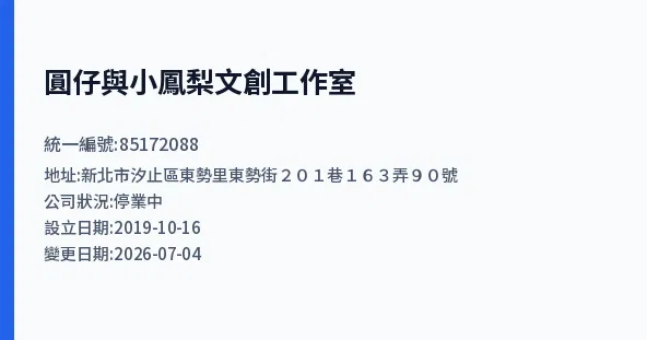 圓仔與小鳳梨文創工作室的照片-統編 85172088(新北市) 公司登記資料與營業項目詳細圖表
