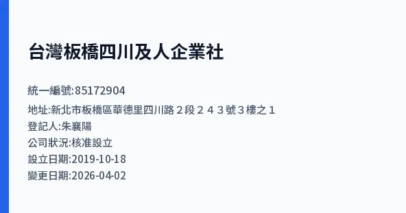 台灣板橋四川及人企業社的照片-統編 85172904(新北市) 公司登記資料與營業項目詳細圖表