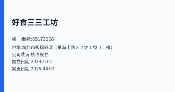 好食三三工坊的照片-統編 85173066(新北市) 公司登記資料與營業項目詳細圖表