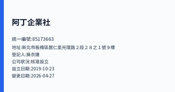 阿丁企業社的照片-統編 85173663(新北市) 公司登記資料與營業項目詳細圖表