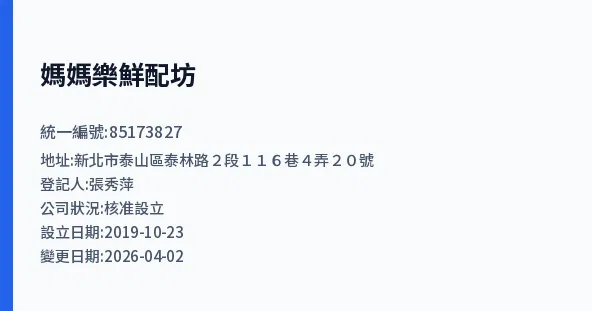 媽媽樂鮮配坊的照片-統編 85173827(新北市) 公司登記資料與營業項目詳細圖表