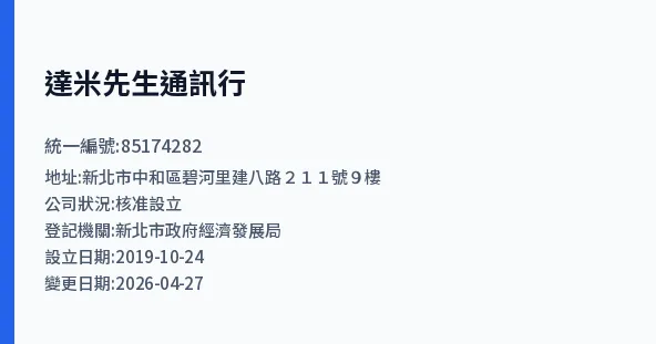 達米先生通訊行的照片-統編 85174282(新北市) 公司登記資料與營業項目詳細圖表