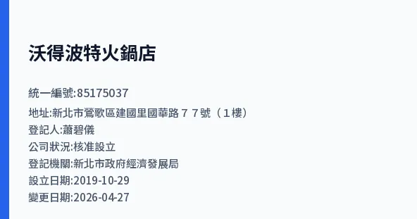 沃得波特火鍋店的照片-統編 85175037(新北市) 公司登記資料與營業項目詳細圖表