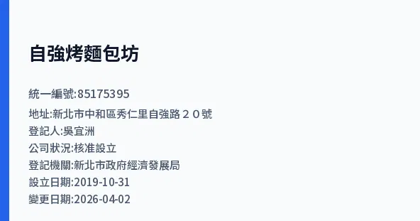 自強烤麵包坊的照片-統編 85175395(新北市) 公司登記資料與營業項目詳細圖表