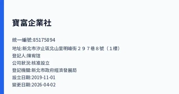 寶富企業社的照片-統編 85175894(新北市) 公司登記資料與營業項目詳細圖表