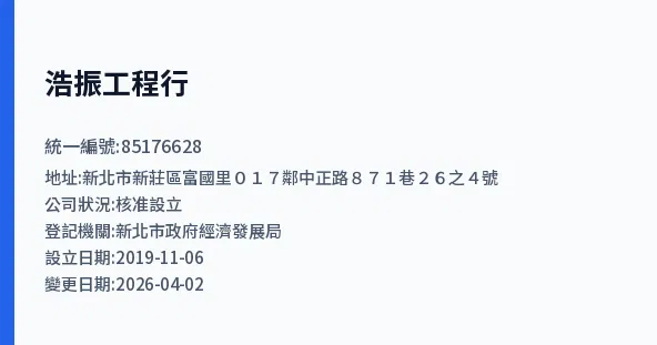 浩振工程行的照片-統編 85176628(新北市) 公司登記資料與營業項目詳細圖表