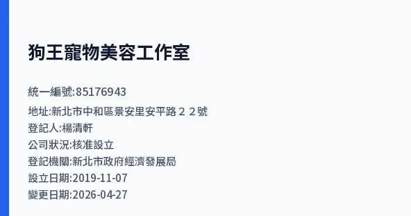 狗王寵物美容工作室的照片-統編 85176943(新北市) 公司登記資料與營業項目詳細圖表