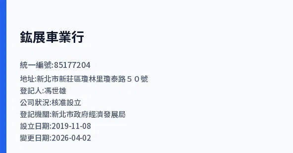 鈜展車業行的照片-統編 85177204(新北市) 公司登記資料與營業項目詳細圖表