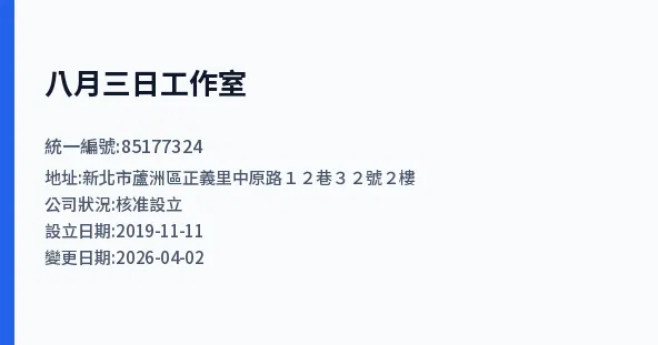 八月三日工作室的照片-統編 85177324(新北市) 公司登記資料與營業項目詳細圖表