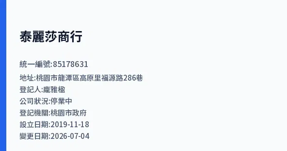 泰麗莎商行的照片-統編 85178631(桃園市) 公司登記資料與營業項目詳細圖表