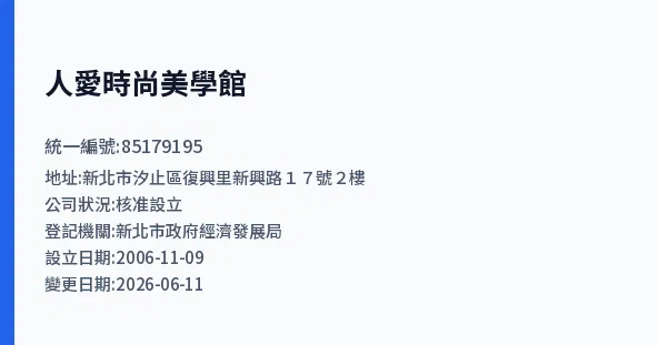 人愛時尚美學館的照片-統編 85179195(新北市) 公司登記資料與營業項目詳細圖表
