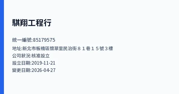 騏翔工程行的照片-統編 85179575(新北市) 公司登記資料與營業項目詳細圖表