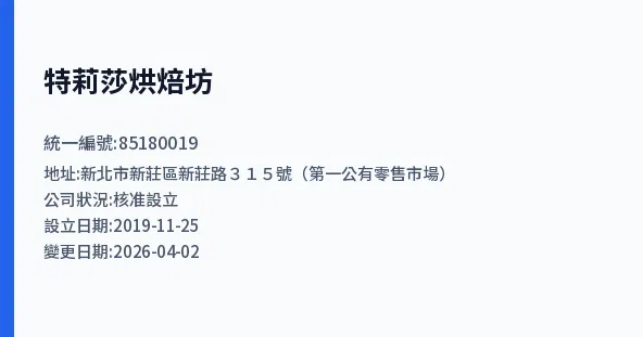 特莉莎烘焙坊的照片-統編 85180019(新北市) 公司登記資料與營業項目詳細圖表