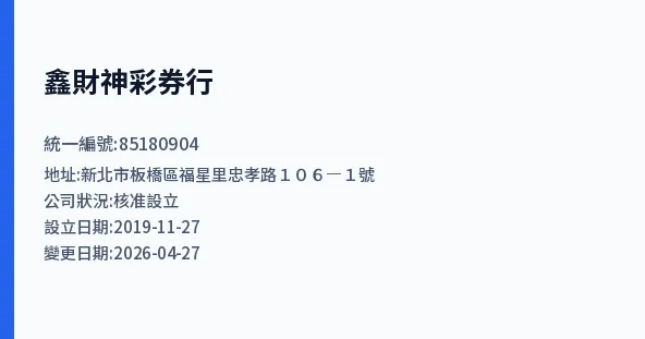 鑫財神彩券行的照片-統編 85180904(新北市) 公司登記資料與營業項目詳細圖表