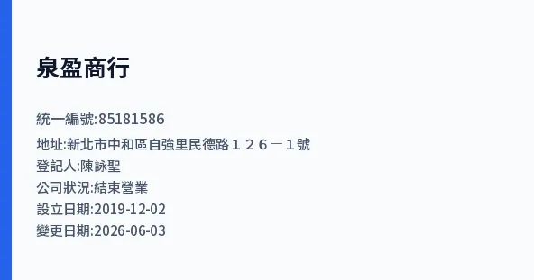 泉盈商行的照片-統編 85181586(新北市) 公司登記資料與營業項目詳細圖表