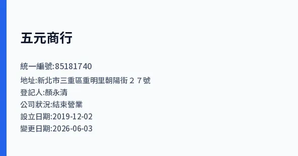 五元商行的照片-統編 85181740(新北市) 公司登記資料與營業項目詳細圖表