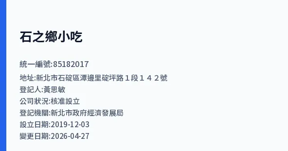 石之鄉小吃的照片-統編 85182017(新北市) 公司登記資料與營業項目詳細圖表