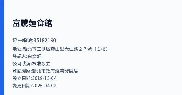 富騰麵食館的照片-統編 85182190(新北市) 公司登記資料與營業項目詳細圖表