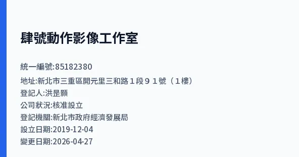 肆號動作影像工作室的照片-統編 85182380(新北市) 公司登記資料與營業項目詳細圖表