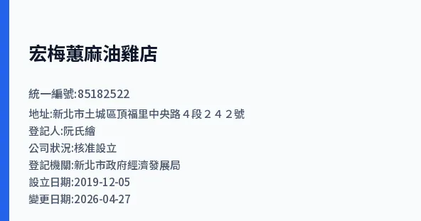 宏梅蕙麻油雞店的照片-統編 85182522(新北市) 公司登記資料與營業項目詳細圖表