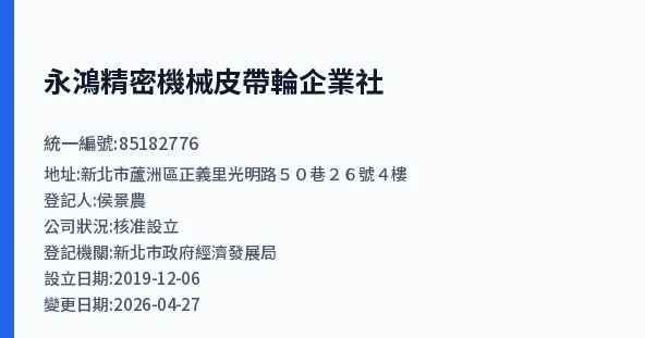 永鴻精密機械皮帶輪企業社的照片-統編 85182776(新北市) 公司登記資料與營業項目詳細圖表