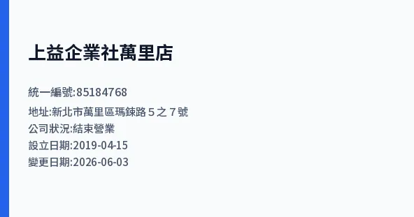 上益企業社萬里店的照片-統編 85184768(新北市) 公司登記資料與營業項目詳細圖表