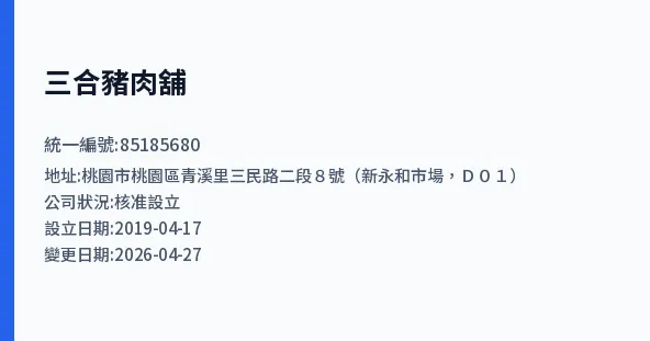 三合豬肉舖的照片-統編 85185680(桃園市) 公司登記資料與營業項目詳細圖表