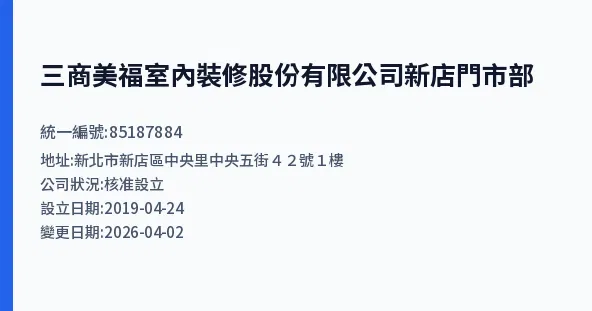 三商美福室內裝修股份有限公司新店門市部的照片-統編 85187884(新北市) 公司登記資料與營業項目詳細圖表