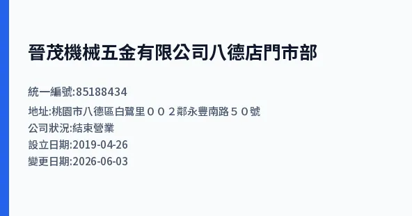 晉茂機械五金有限公司八德店門市部的照片-統編 85188434(桃園市) 公司登記資料與營業項目詳細圖表