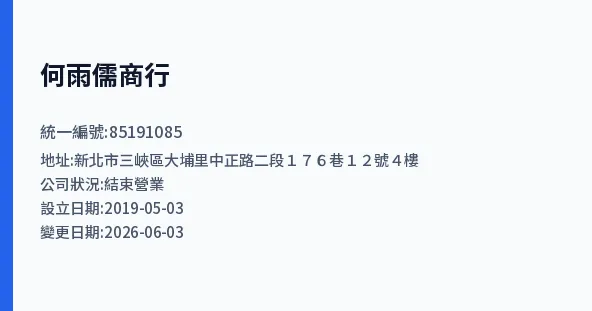 何雨儒商行的照片-統編 85191085(新北市) 公司登記資料與營業項目詳細圖表