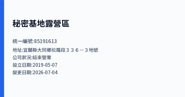 秘密基地露營區的照片-統編 85191613(宜蘭縣) 公司登記資料與營業項目詳細圖表