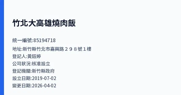 竹北大高雄燒肉飯的照片-統編 85194718(新竹縣) 公司登記資料與營業項目詳細圖表