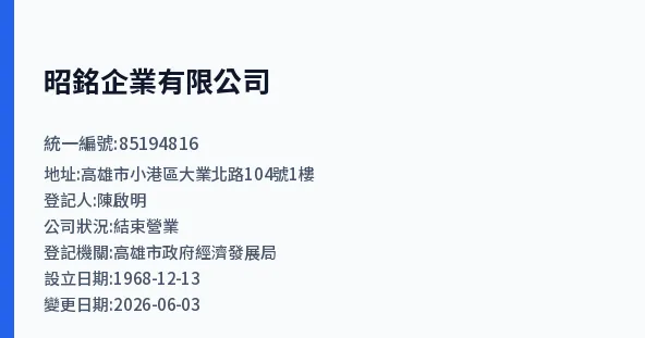 昭銘企業有限公司的照片-統編 85194816(高雄市) 公司登記資料與營業項目詳細圖表