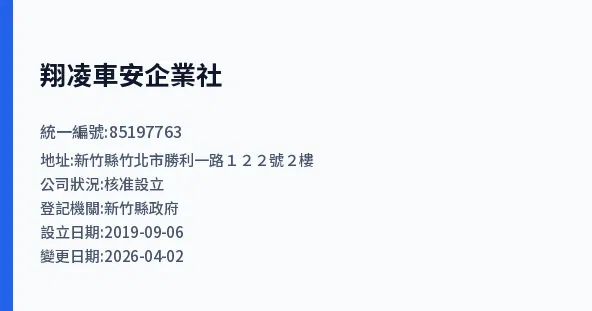 翔凌車安企業社的照片-統編 85197763(新竹縣) 公司登記資料與營業項目詳細圖表