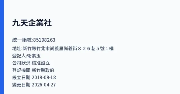九天企業社的照片-統編 85198263(新竹縣) 公司登記資料與營業項目詳細圖表