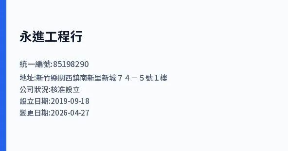 永進工程行的照片-統編 85198290(新竹縣) 公司登記資料與營業項目詳細圖表
