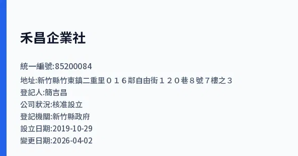 禾昌企業社的照片-統編 85200084(新竹縣) 公司登記資料與營業項目詳細圖表