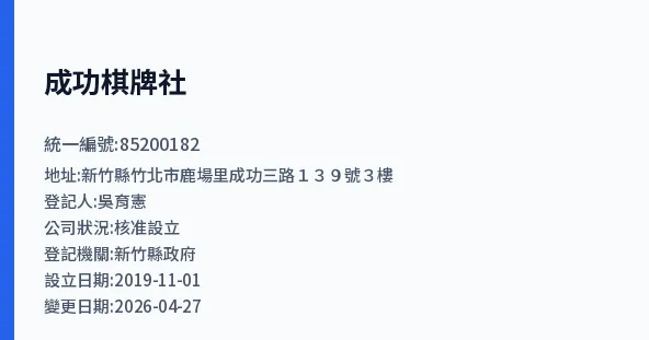 成功棋牌社的照片-統編 85200182(新竹縣) 公司登記資料與營業項目詳細圖表